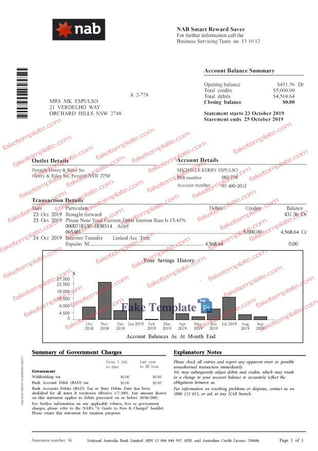 Nab Bank Statement Template - High quality - Fake Template