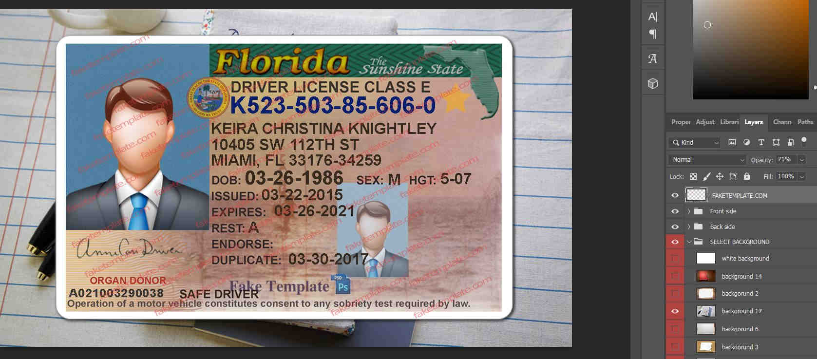 Florida Driver License Template V2 - Fake Florida Driver License