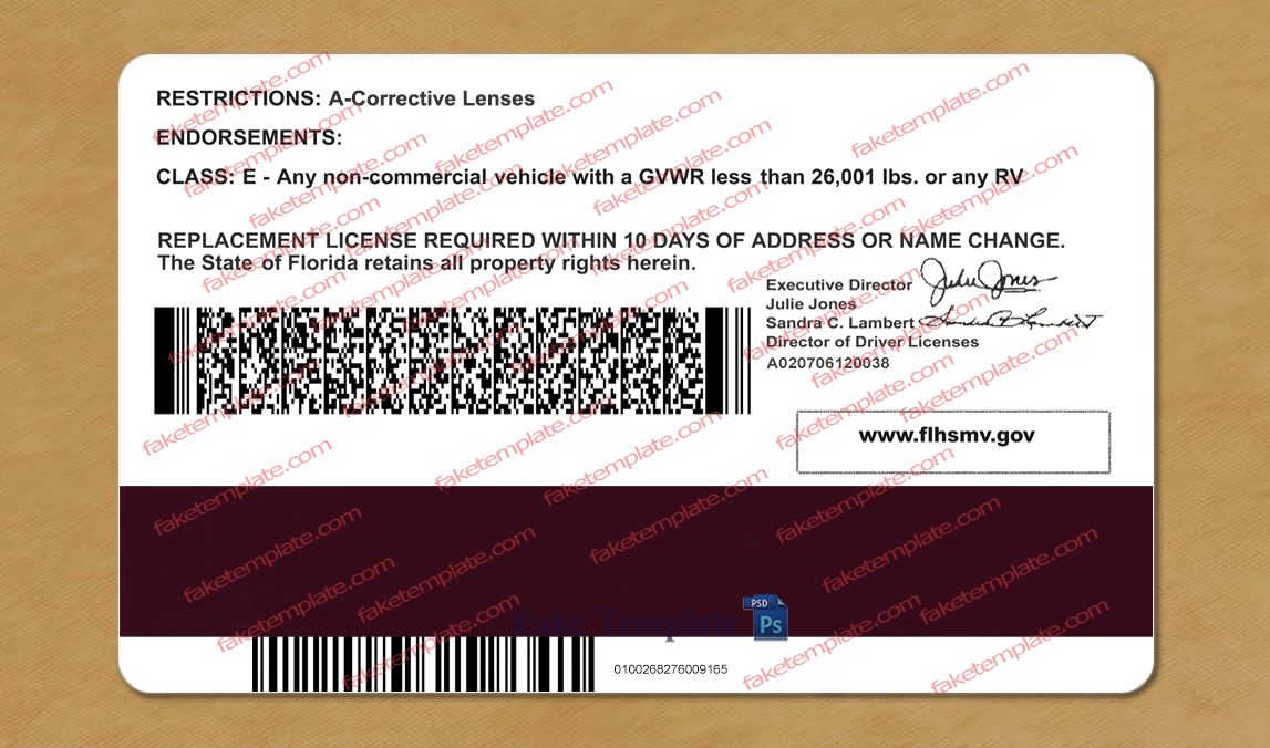 Florida Driver License Template V2 - Fake Florida Driver License