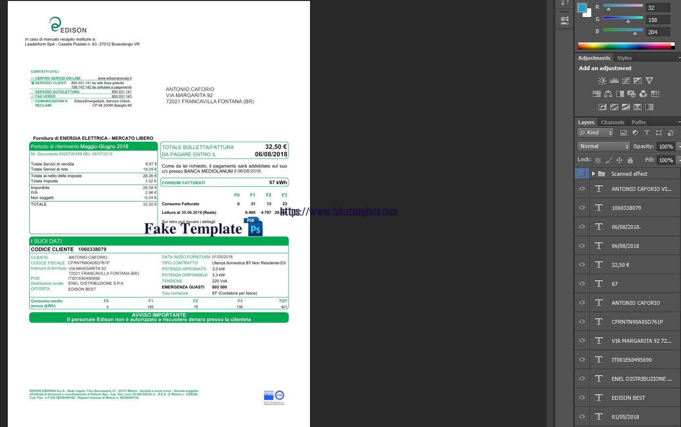 Italy Utility Bill Psd Template : Italy Proof of address Psd Template V2