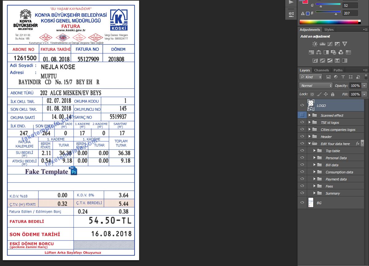 Turkey Utility Bill Template: Turkey Proof of address psd template