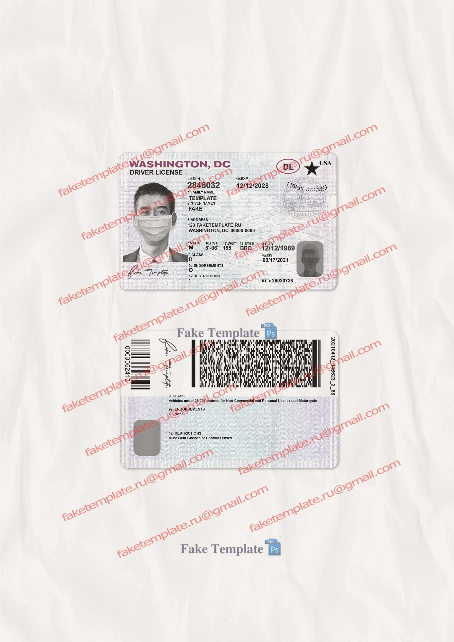 Washington DC Driver License Template - PSD Washington DC